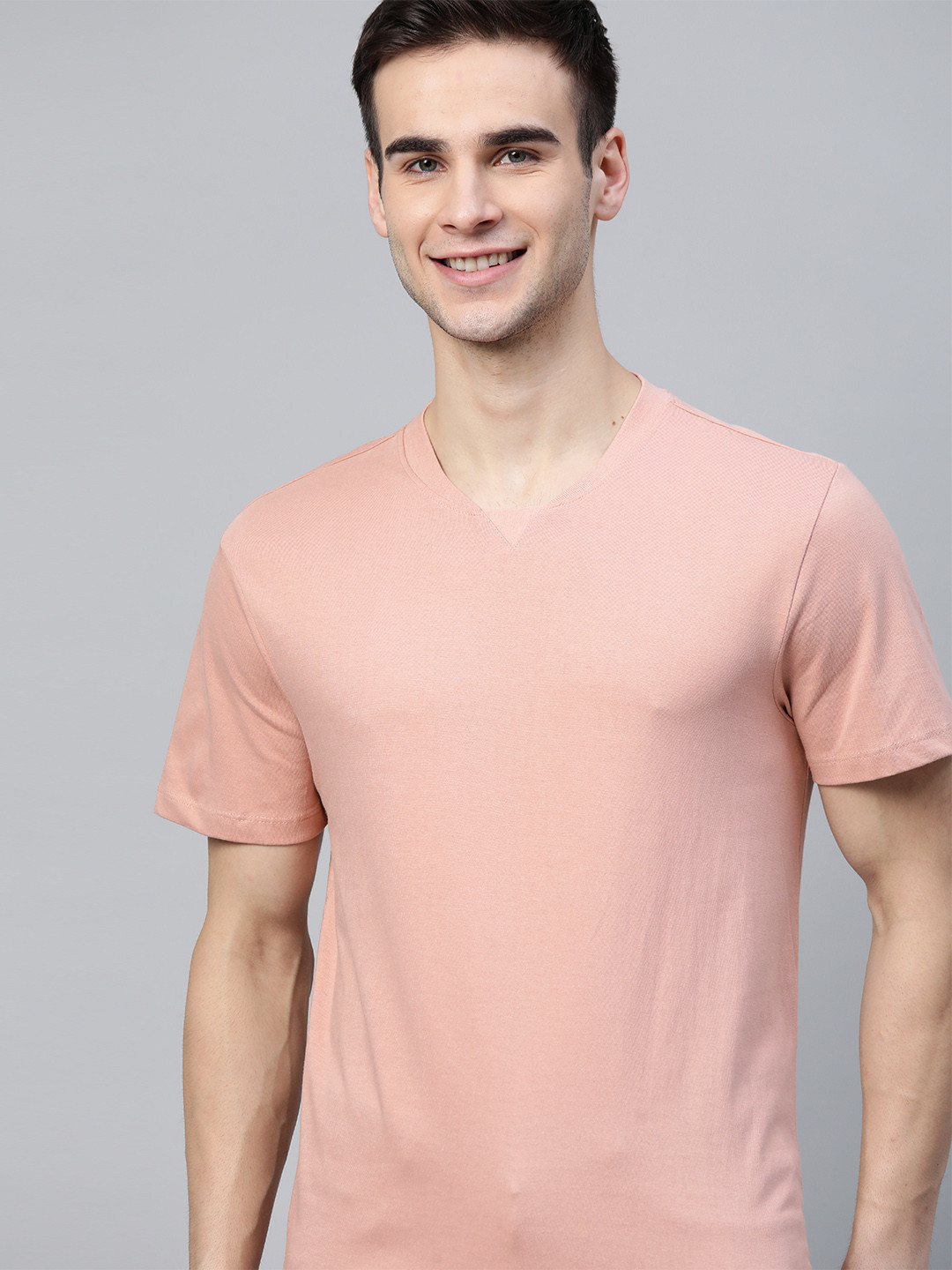 Buy Mast & Harbour Men Peach Colored Solid Pure Cotton T Shirt ...