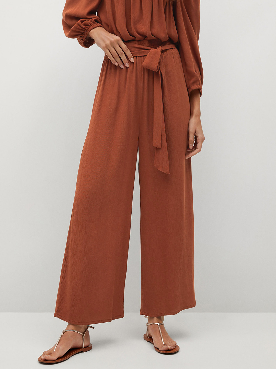 Buy MANGO Women Rust Orange Parallel Trousers - Trousers for Women ...