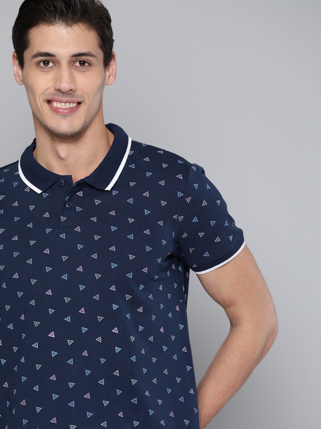 Buy Mast And Harbour Men Navy Blue And White Pure Cotton Printed Polo
