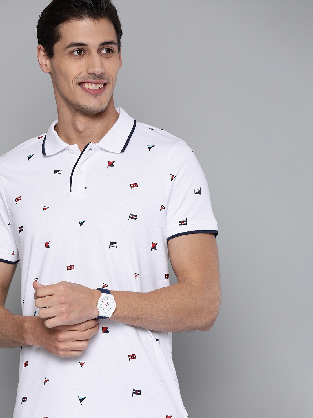 Buy Mast And Harbour Men White And Navy Blue Pure Cotton Printed Polo