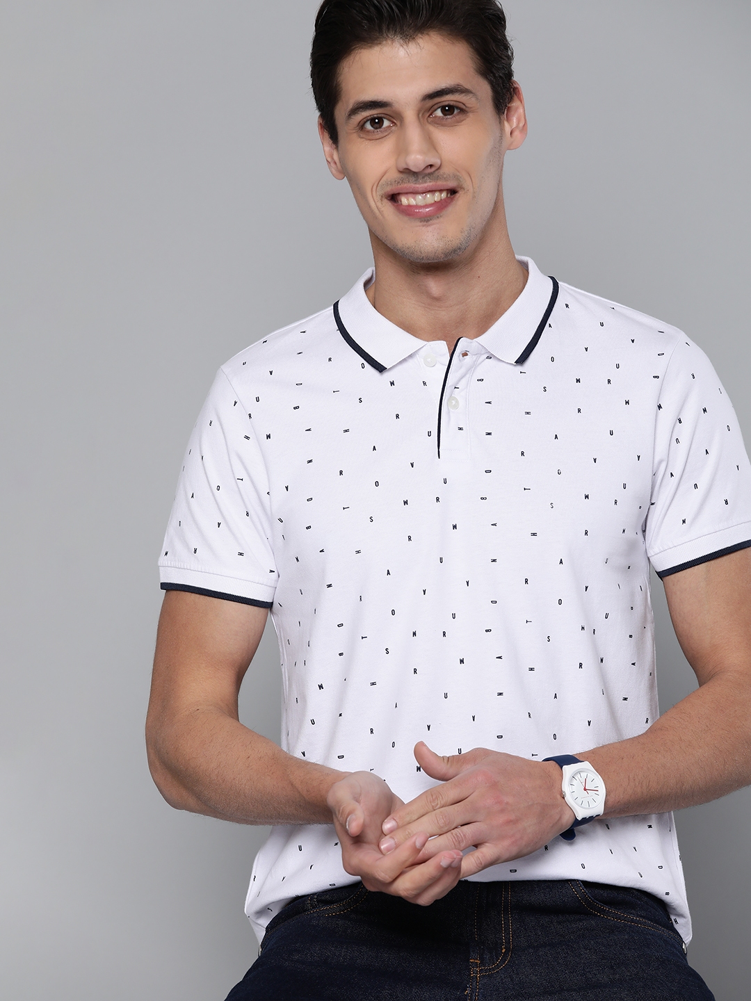 Buy Mast And Harbour Men White And Navy Blue Pure Cotton Printed Polo