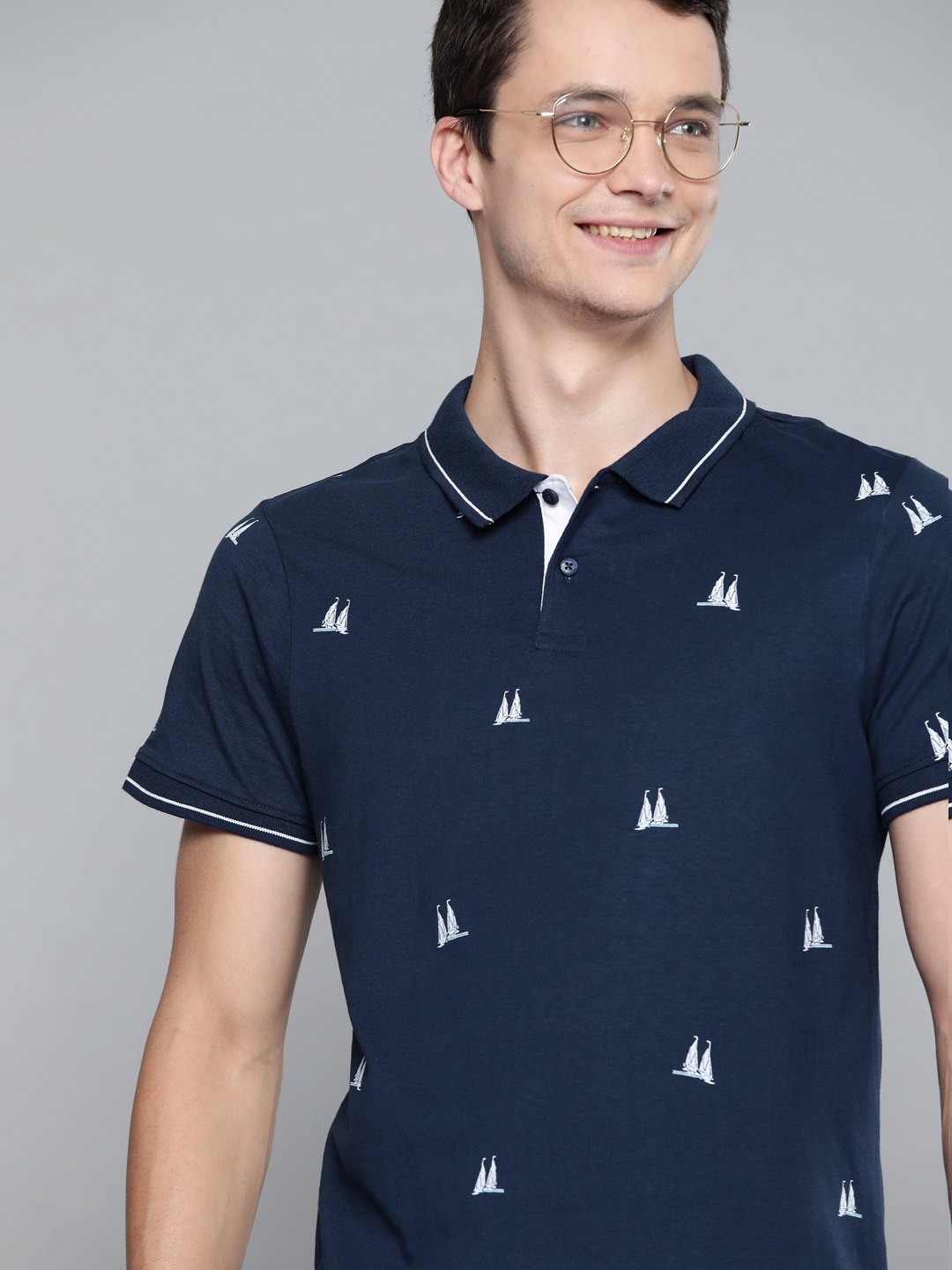 Buy Mast Harbour Men Navy Blue White Pure Cotton Printed Polo Collar