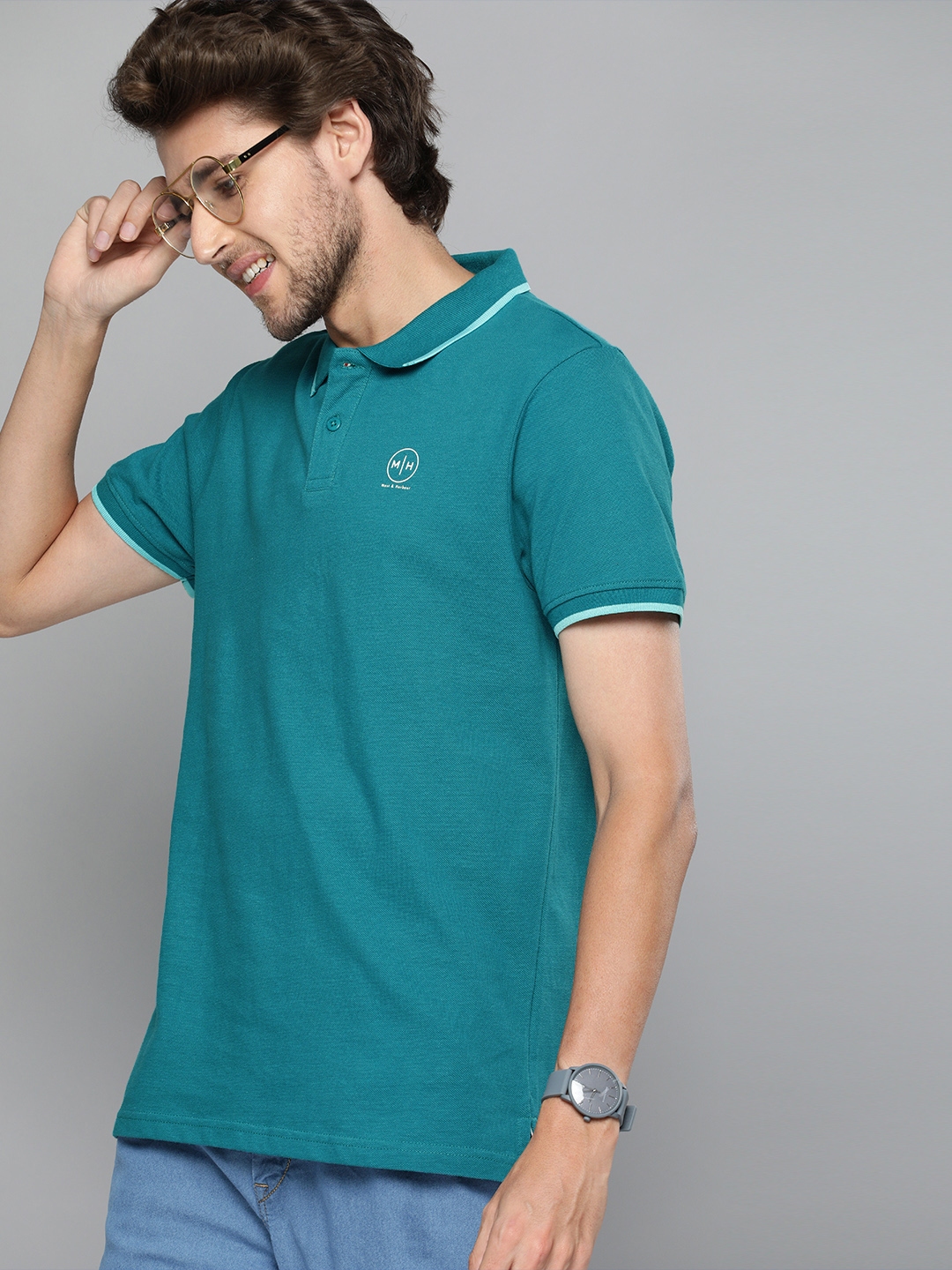 Buy Mast Harbour Men Turquoise Blue Polo Collar Pure Cotton T Shirt