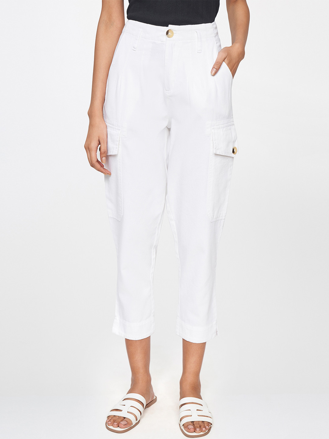 Buy AND Women White Regular Fit Solid Cropped Cargos - Trousers for ...