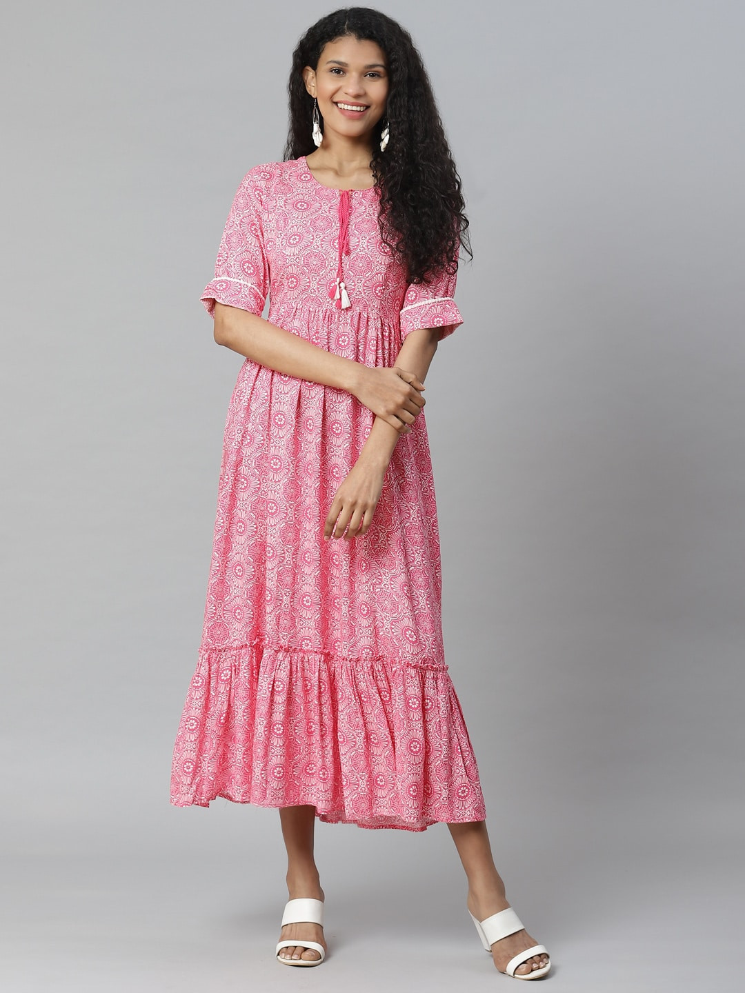 Buy Rangriti Women Pink & White Liva Printed Maxi Dress - Ethnic ...