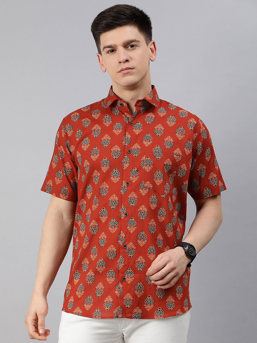 Buy MILLENNIAL MEN Rust Red Printed Pure Cotton Regular Fit Casual ...