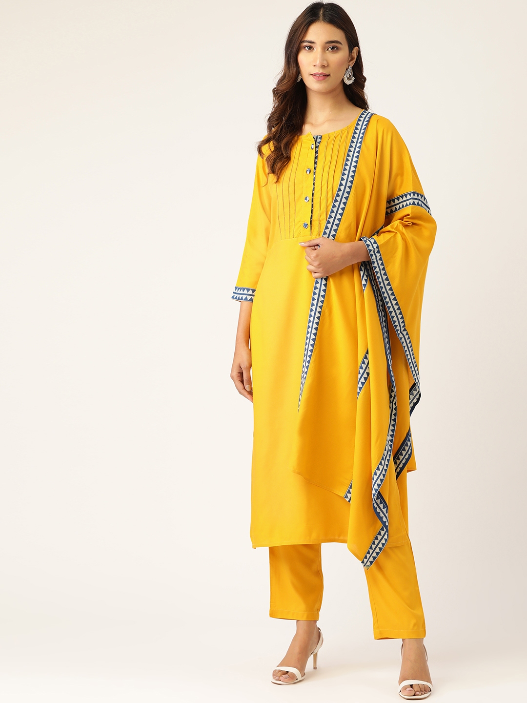 Buy Kurtis By Menka Women Mustard Yellow And Blue Solid Kurta With