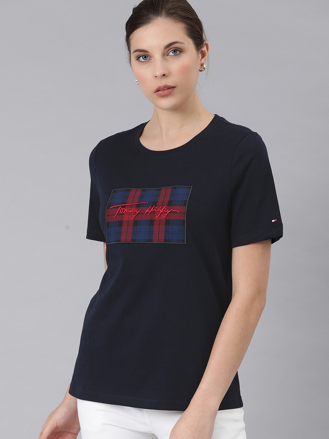 Buy Tommy Hilfiger Women Navy Blue Embroidered Round Neck Pure Cotton T