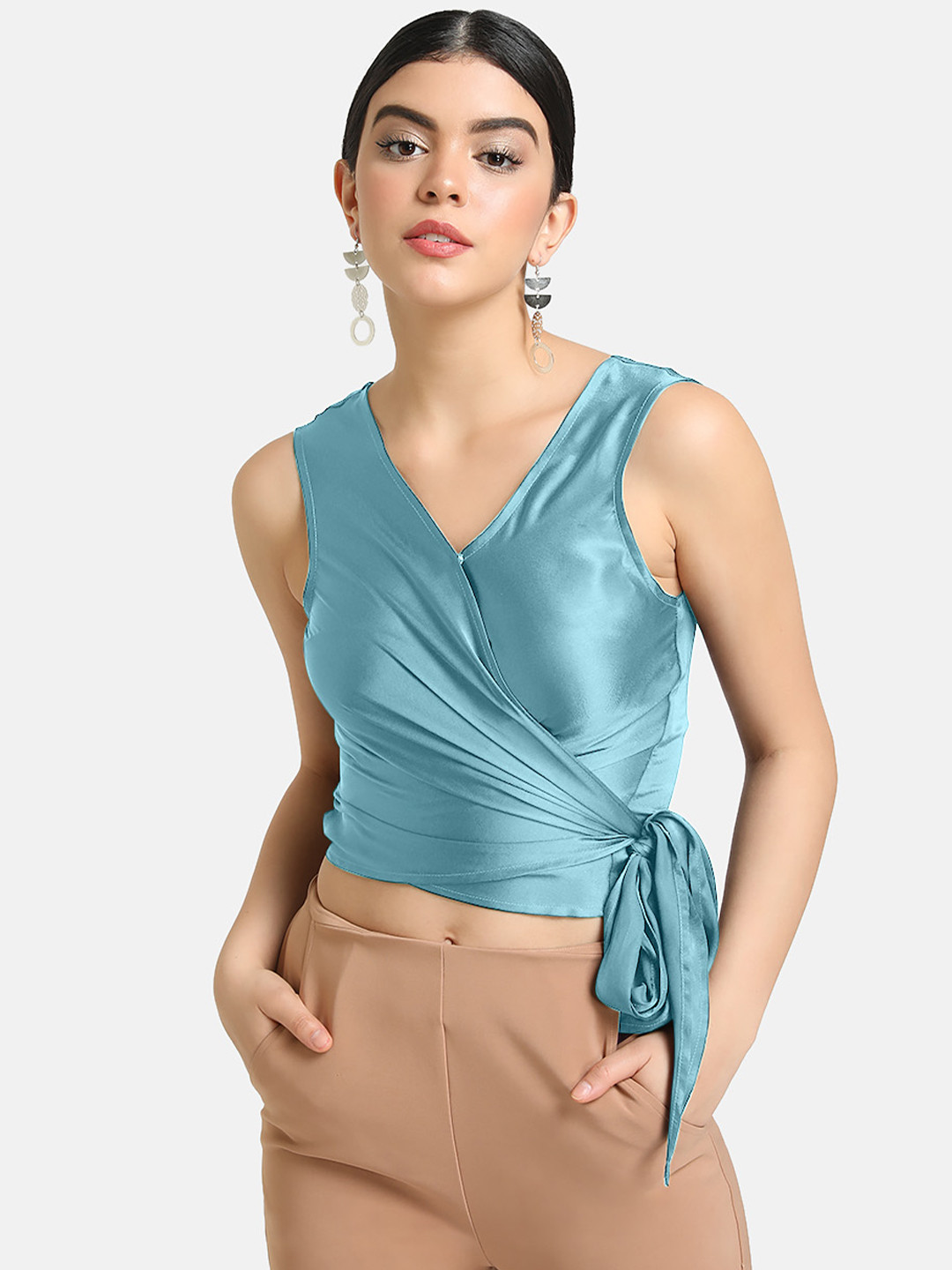 Buy Kazo Women Blue Satin Wrap Top With Tie Knot - Tops for Women 13389342 | Myntra