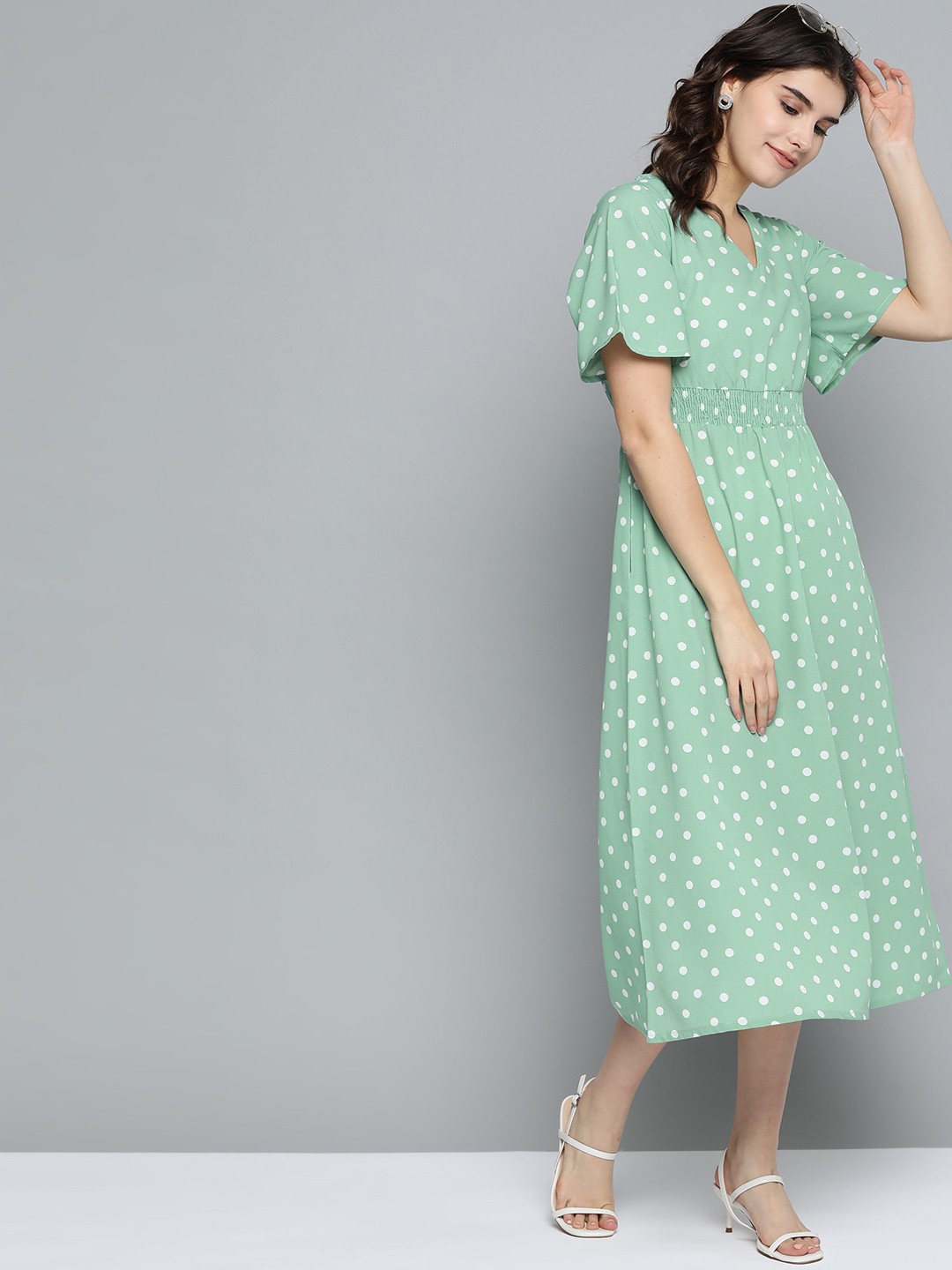 Buy Mast And Harbour Women Green And White Polka Dots Print A Line Dress