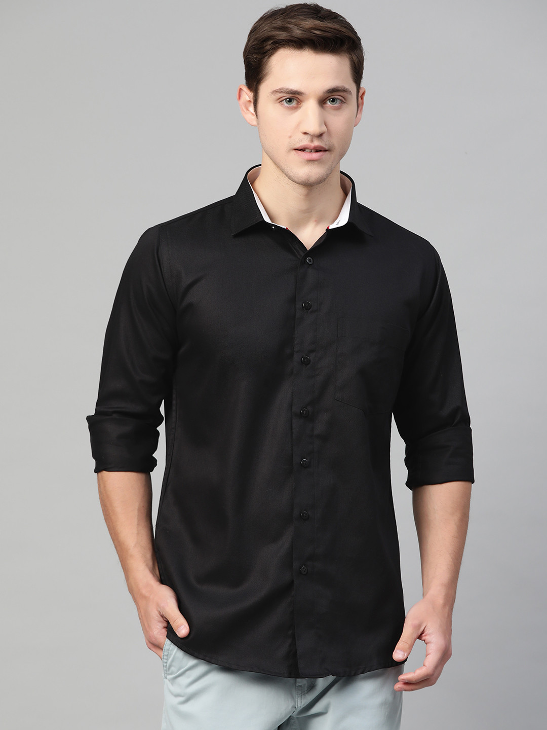 Buy Shaftesbury London Men Black Smart Slim Fit Solid Semiformal Shirt ...