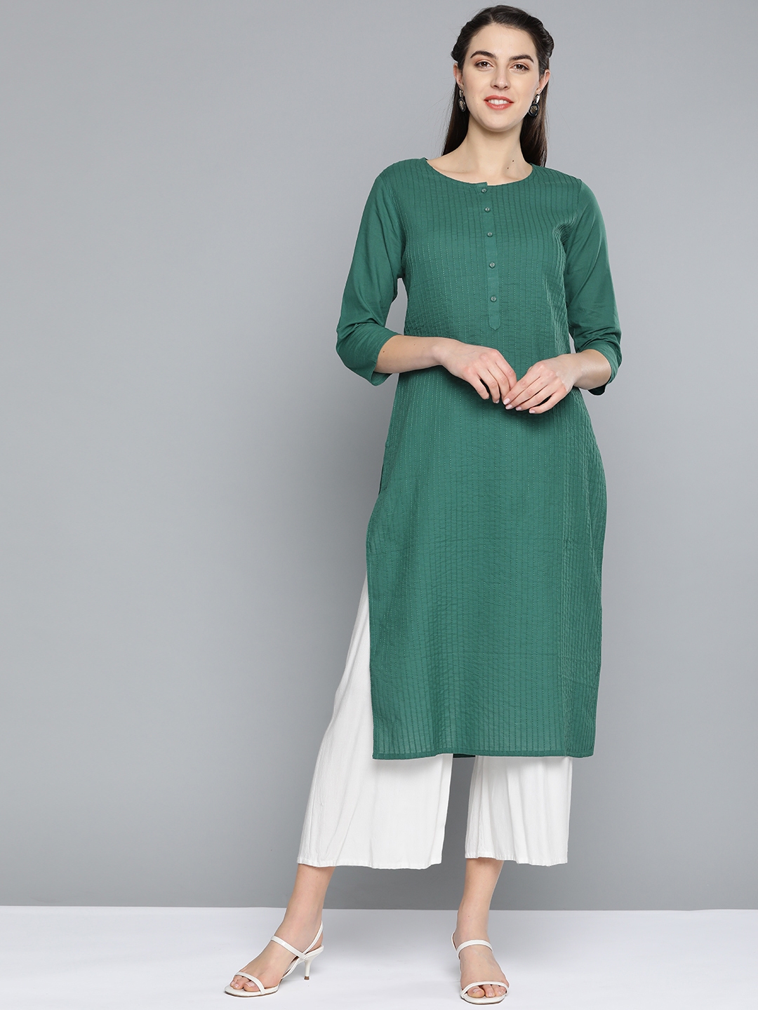 Buy Hereandnow Women Green Self Striped Straight Kurta Kurtas For Women