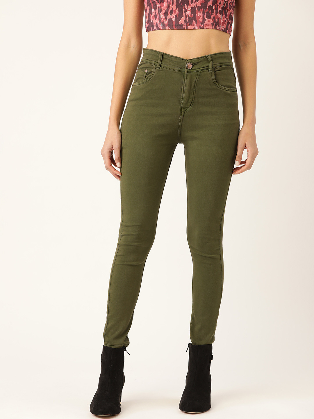 Buy PARIS HAMILTON Women Olive Green Slim Fit High Rise Clean Look ...