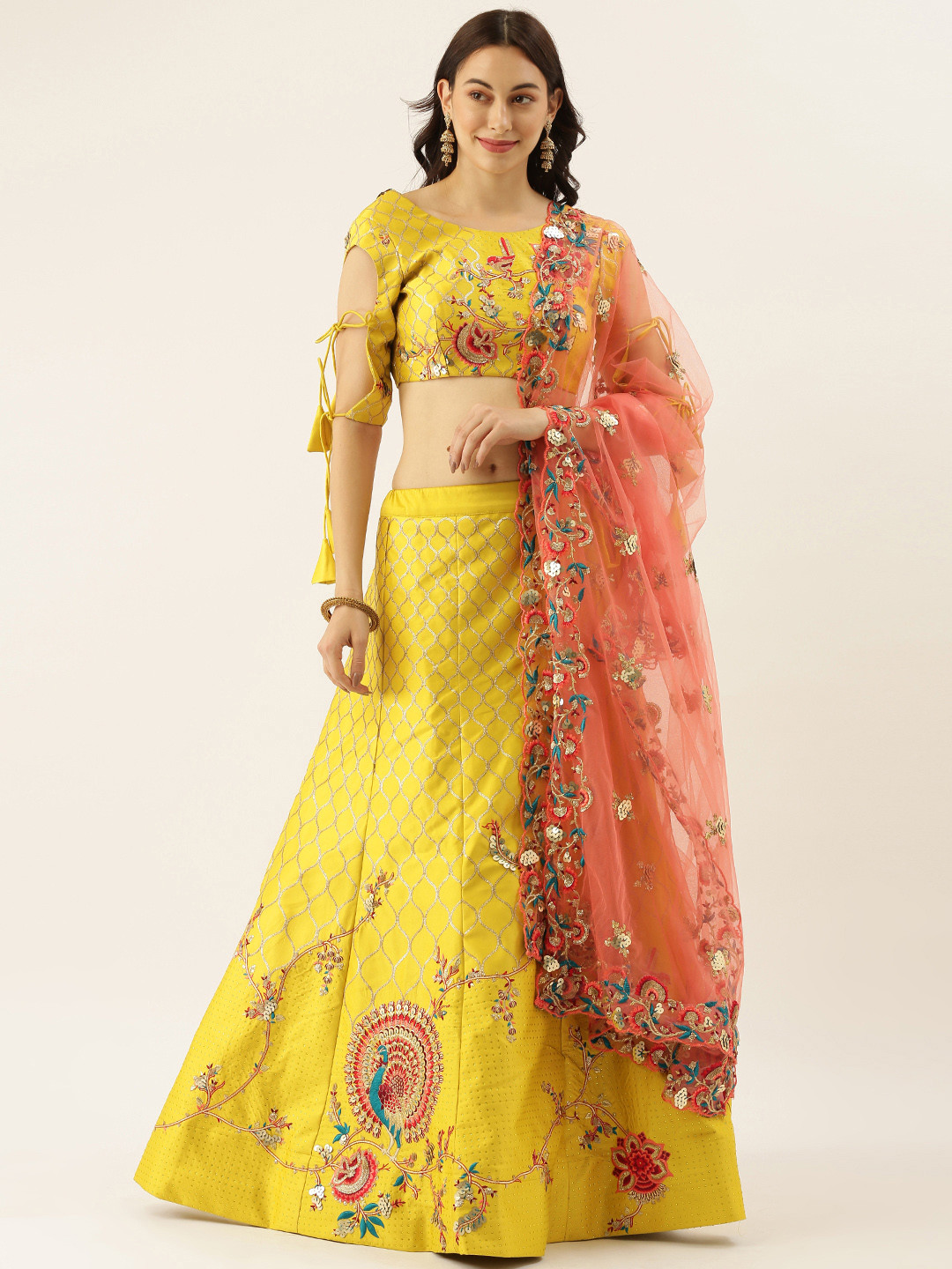 Buy Panchhi Lime Green & Pink Semi Stitched Lehenga & Unstitched Blouse ...
