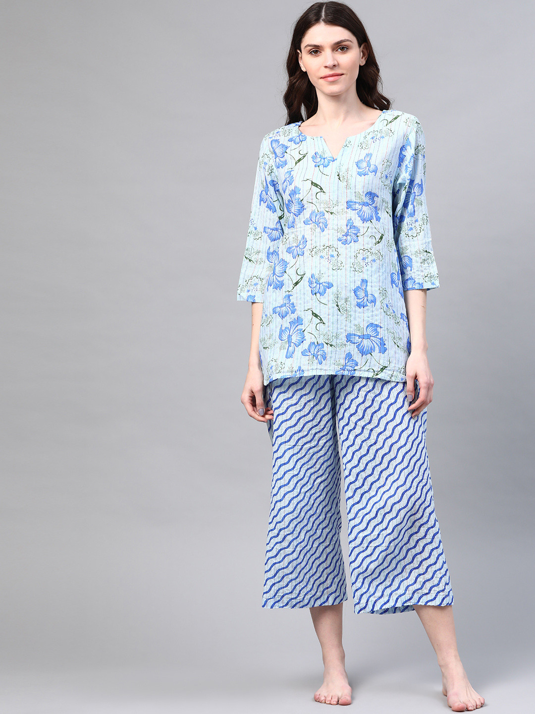 Buy Laado Pamper Yourself Women Blue Pure Cotton Printed Night Suit ...