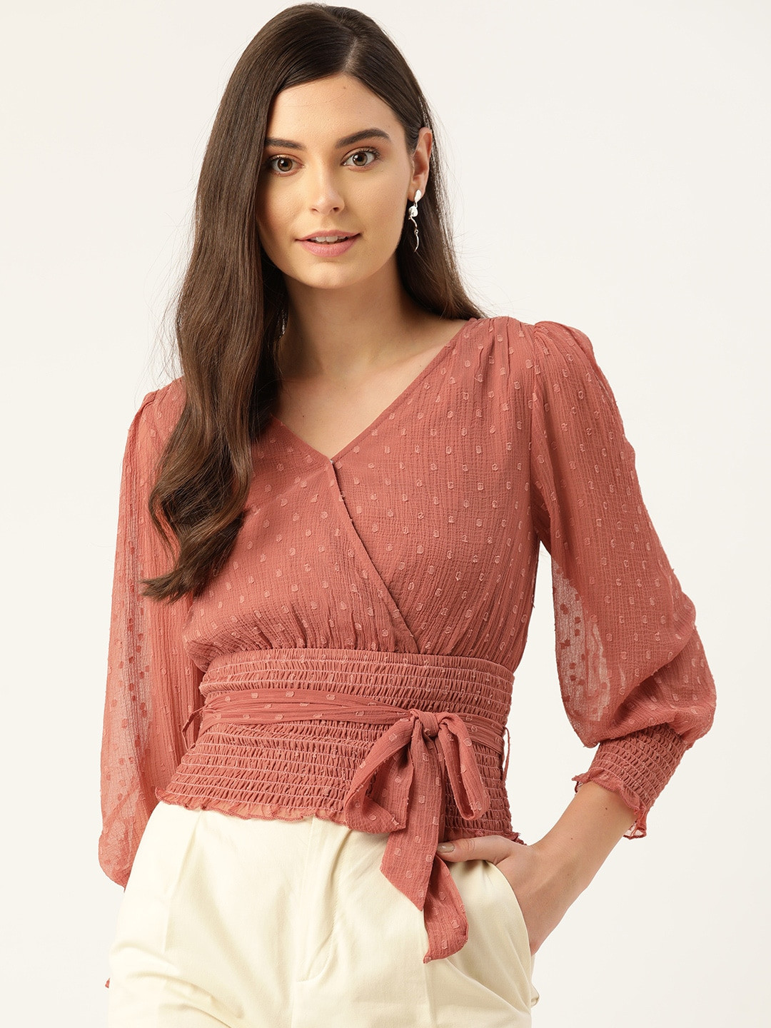 Buy Antheaa Women Pink Self Design Dobby Weave Wrap Top & Belt - Tops ...