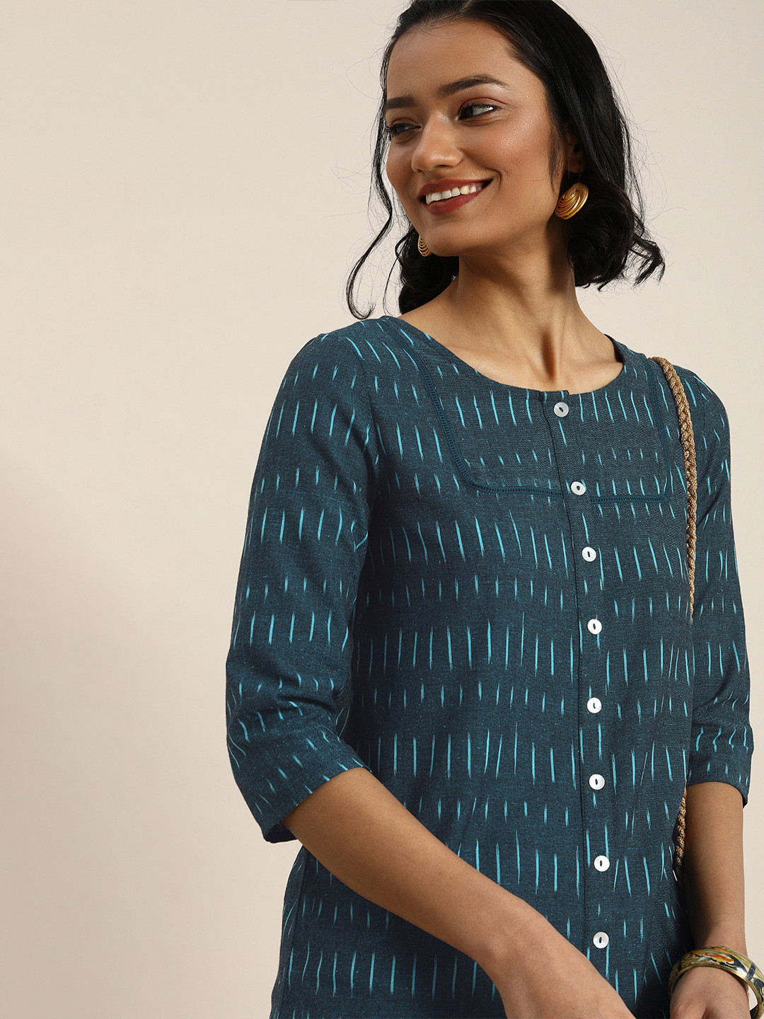 Buy Taavi Blue Ikat Woven Design Round Neck Regular Top - Tops for ...