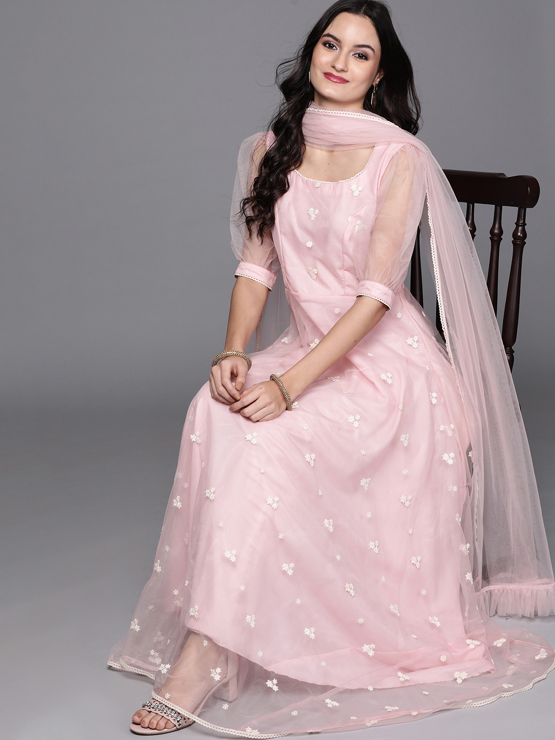 Buy Inddus Women Pink Embroidered Net Anarkali Kurta With Ruffled ...