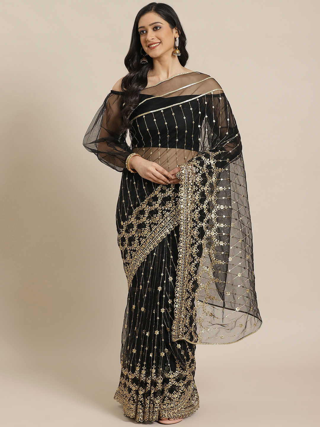 Buy Inddus Black & Golden Net Embroidered Saree - Sarees for Women ...