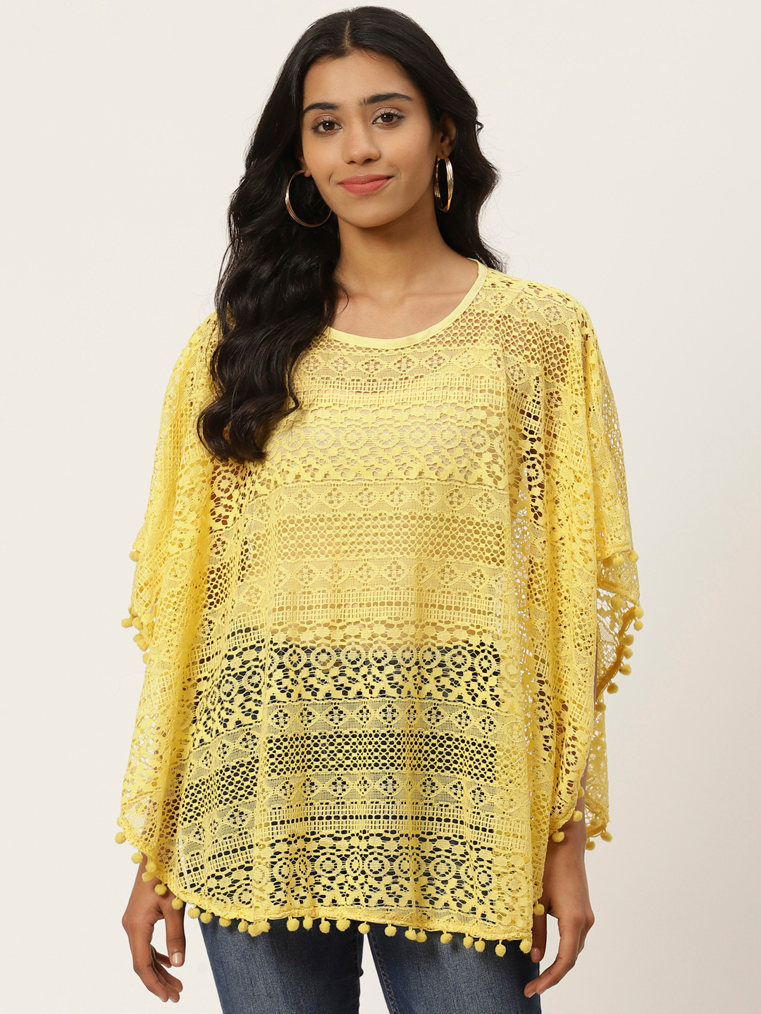Buy Cottinfab Women Yellow Self Design Lace Sheer Poncho Top - Tops for ...