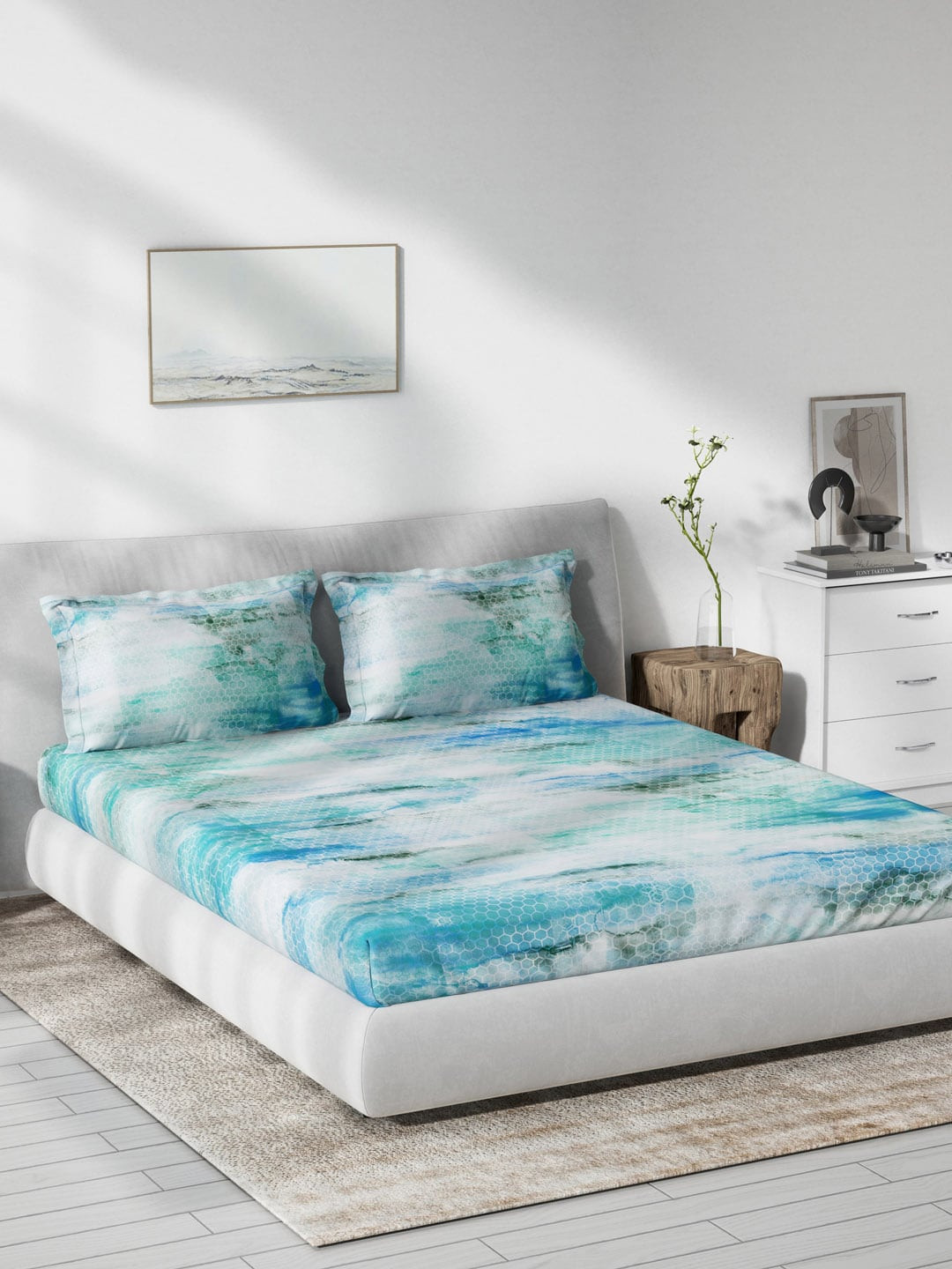 Buy DDecor Turquoise Blue & White Printed 144 TC Cotton 1 Queen ...