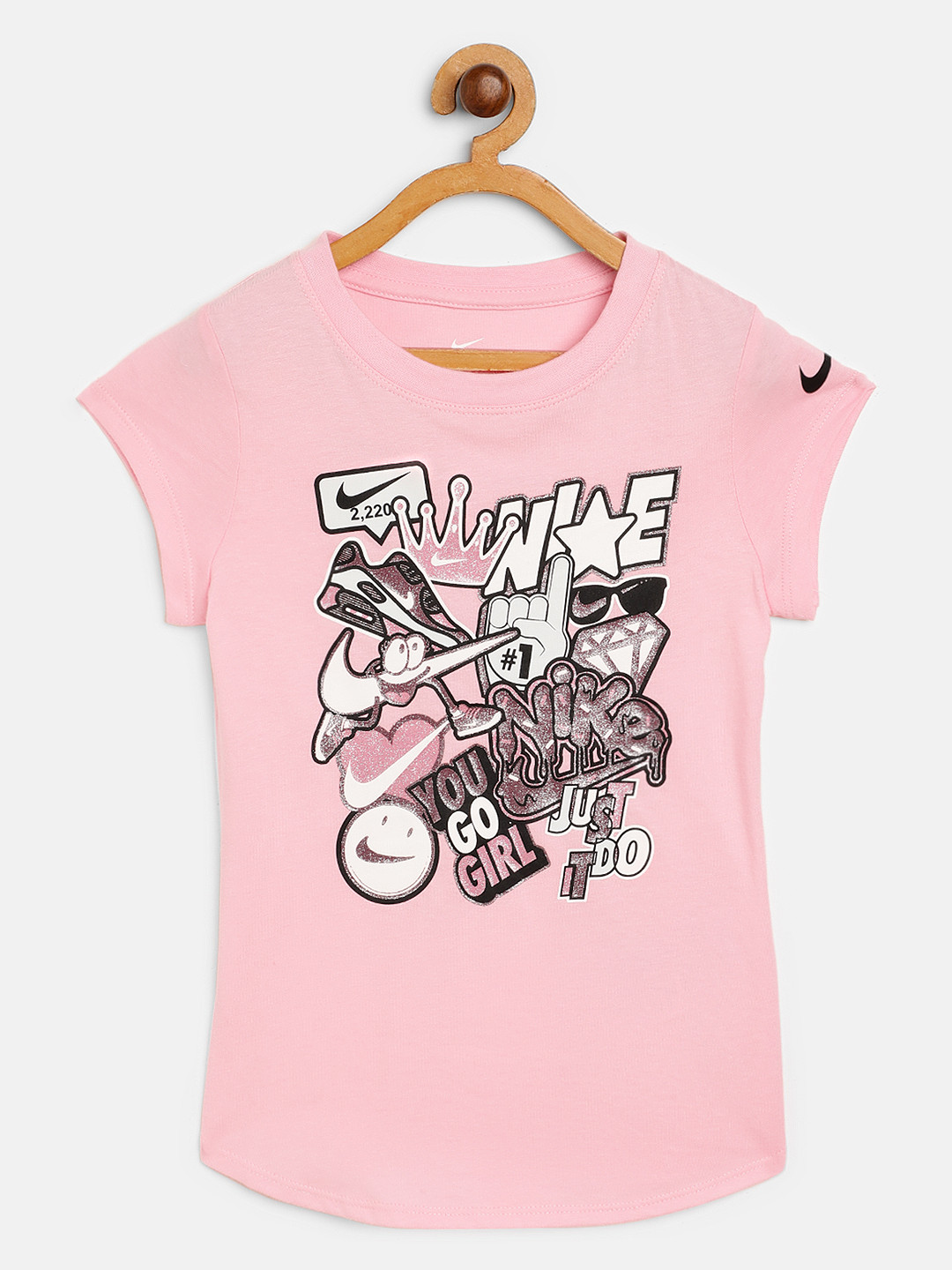 Buy Nike Girls Pink White Sticker Pack Print Round Neck Pure Cotton ...