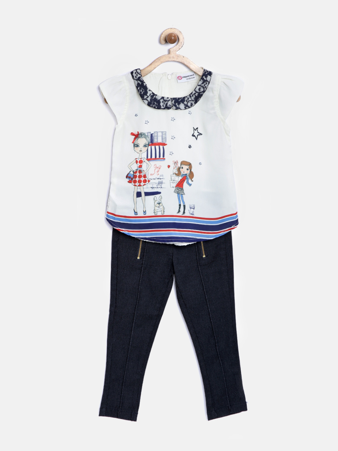 Buy Peppermint Girls Off White & Navy Printed Clothing Set - Clothing ...