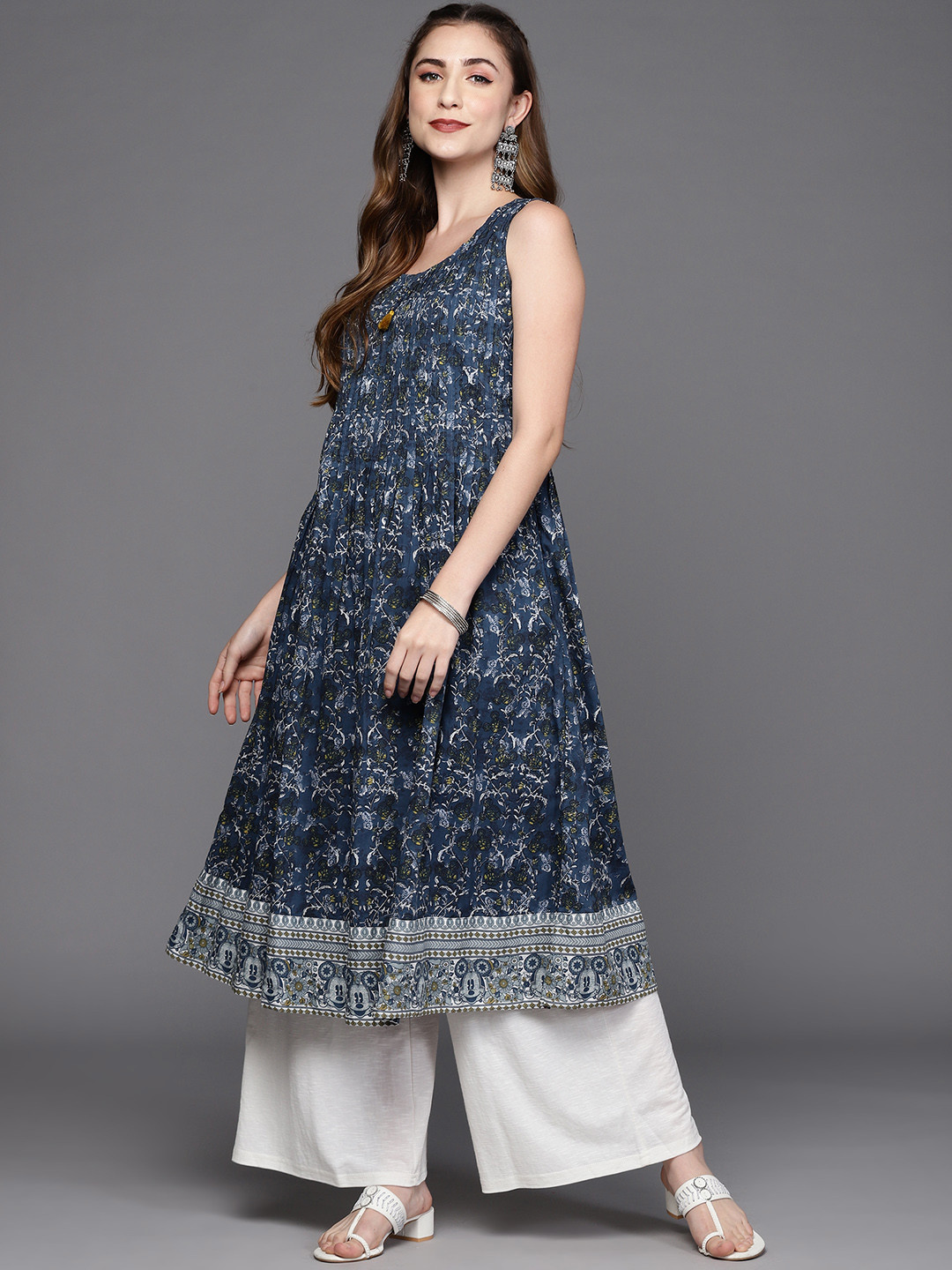 Buy Biba Women Navy Blue & White Ethnic Motifs Printed Anarkali Cotton ...