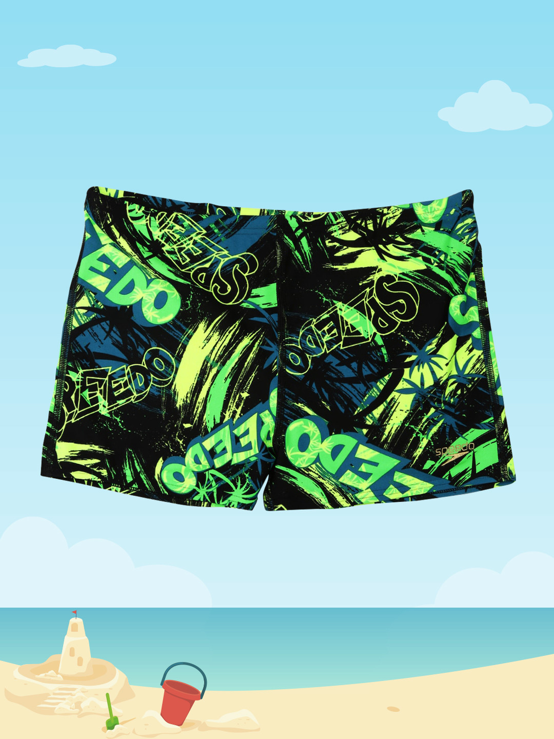 Buy Speedo Boys Black & Fluorescent Green Printed Swim Shorts ...