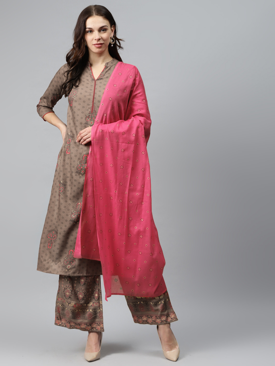 Buy Mokshi Women Taupe & Black Floral Printed Kurta With Palazzos ...