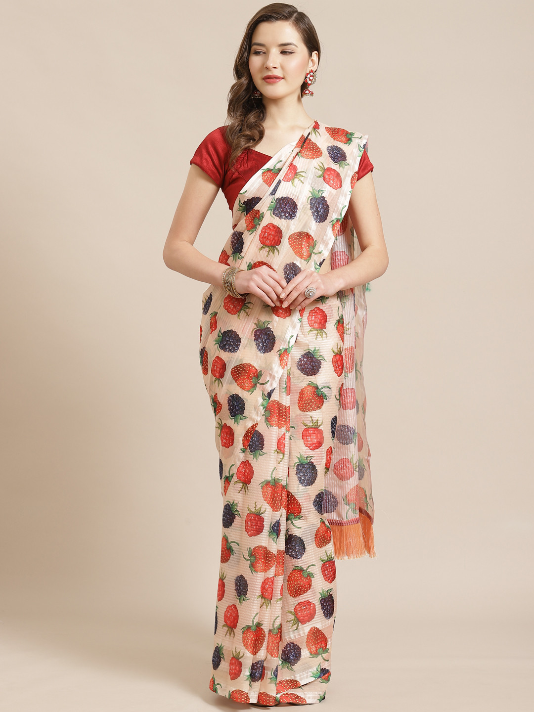 Buy VASTRANAND Off White & Red Fruits Printed Saree - Sarees for Women ...
