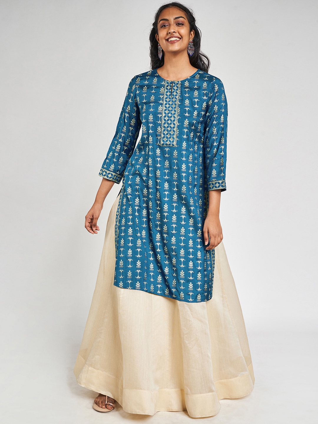 Buy Global Desi Women Teal Blue And Golden Eco Vero Ethnic Motifs Printed