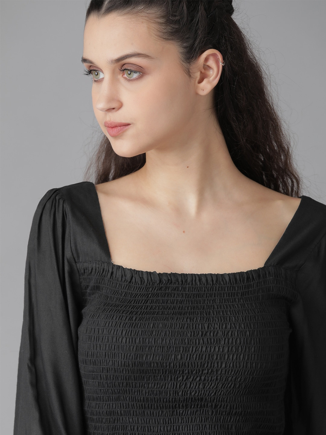 Buy The Roadster Lifestyle Co Black Puff Sleeves Smocked Squared Neck ...