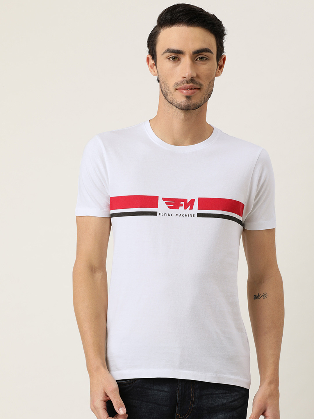 Buy Flying Machine Men White Striped Round Neck Pure Cotton T Shirt ...