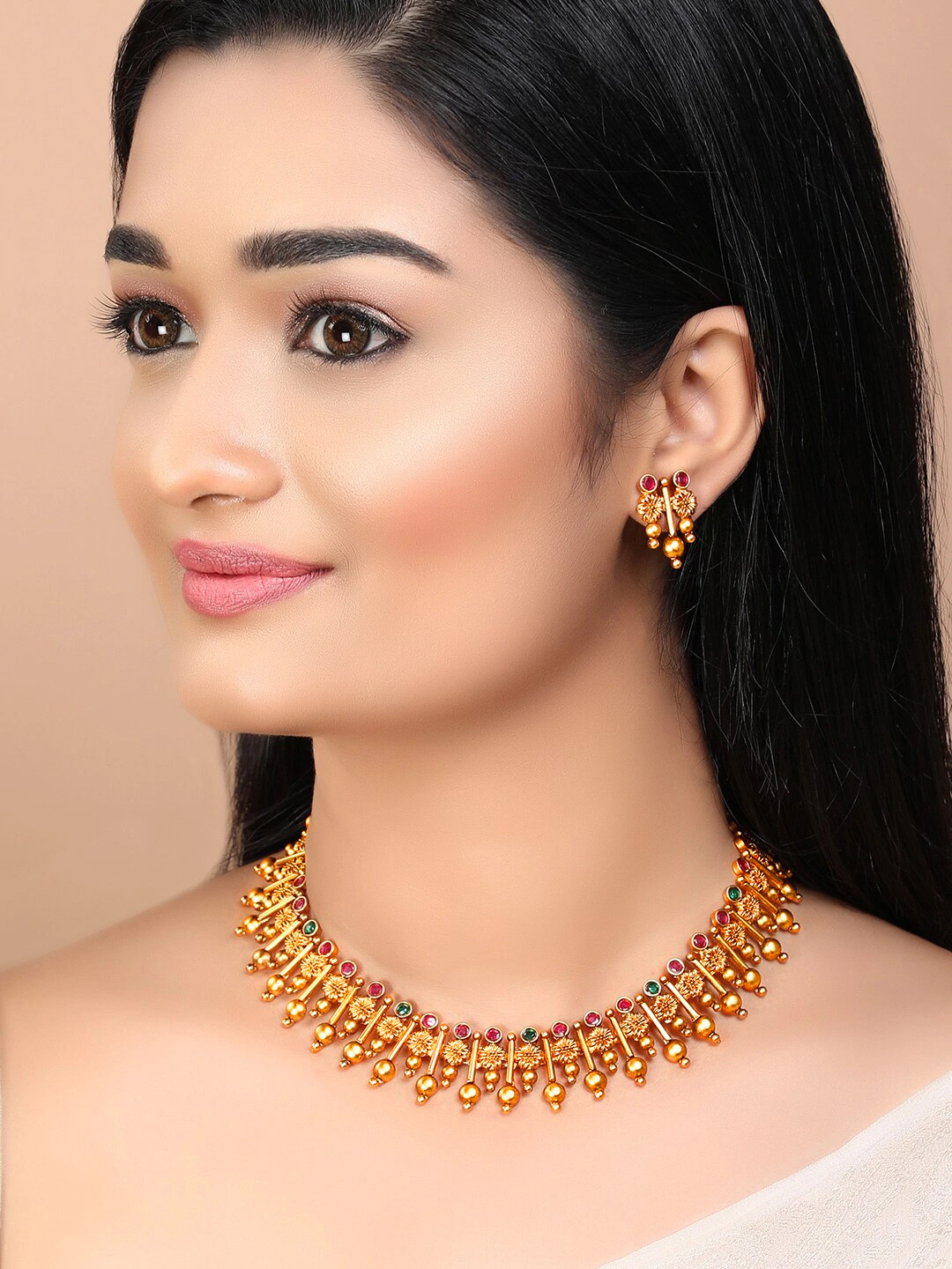 Buy Rubans 22K Gold Plated Ruby & Emerald Studded & Golden Beads Handcrafted Jewellery Set ...