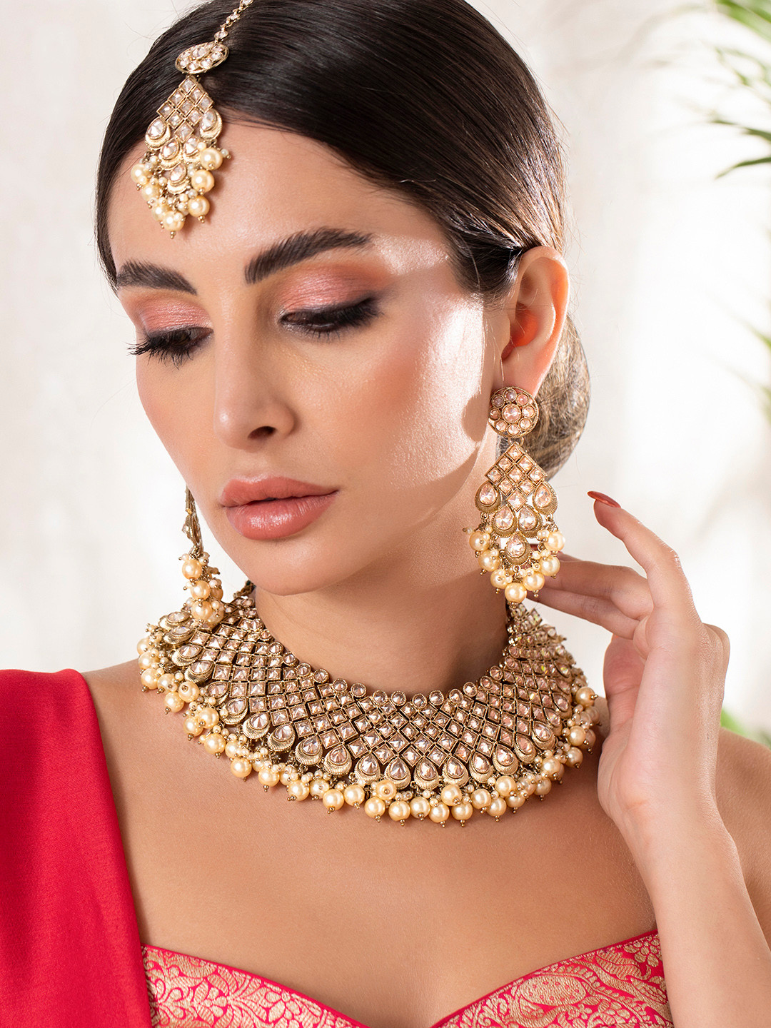 Buy Rubans Rose Gold Plated Beige & White Stone Studded Pearl ...