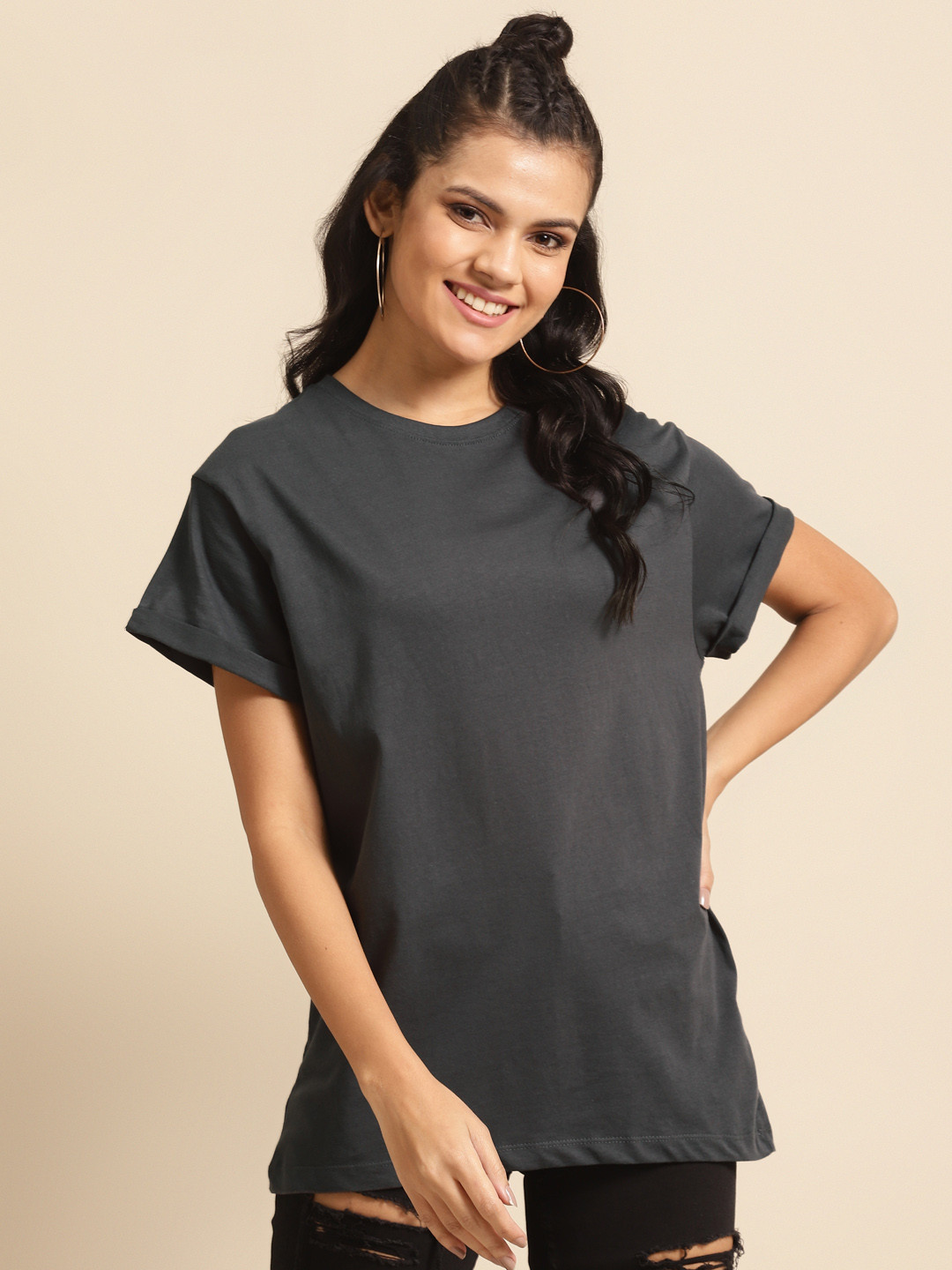 Buy Bewakoof Women Charcoal Grey Pure Cotton Solid Round Neck Pure Cotton T Shirt - Tshirts for ...