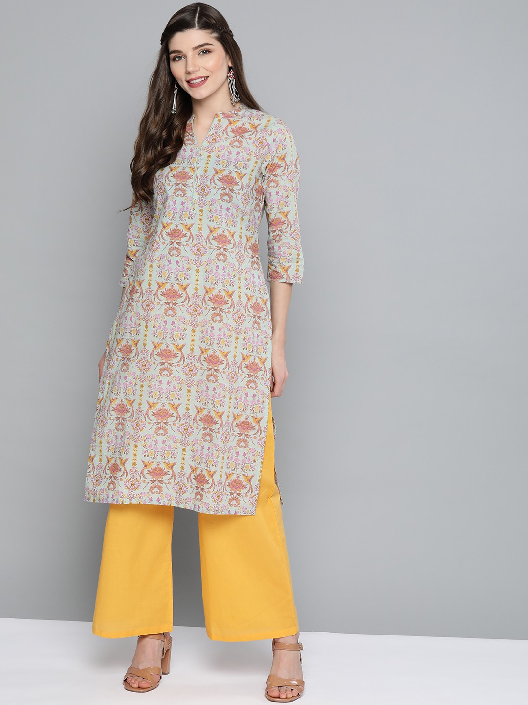 Buy Hereandnow Women Sea Green And Pink Ethnic Motifs Printed Kurta