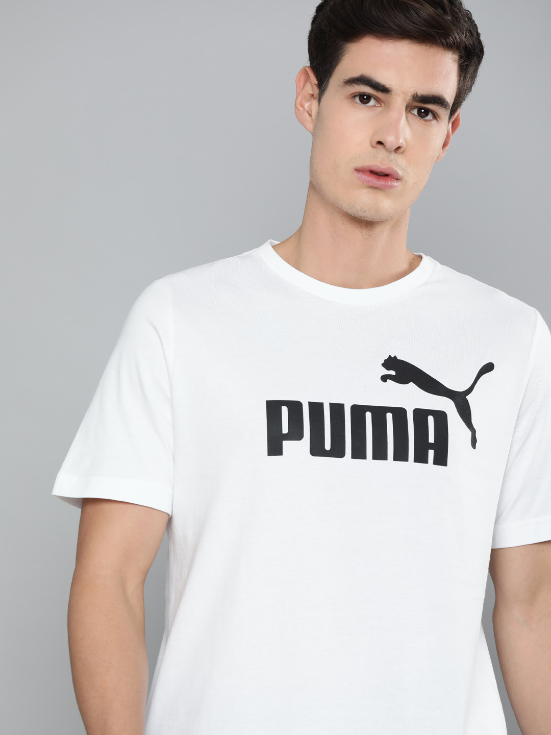 Buy Puma Men White ESS Logo Printed Round Neck Pure Cotton T Shirt ...