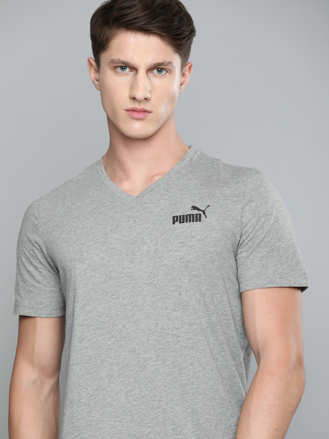 Buy Puma Men Grey Melange Solid ESS V Neck Pure Cotton T Shirt ...