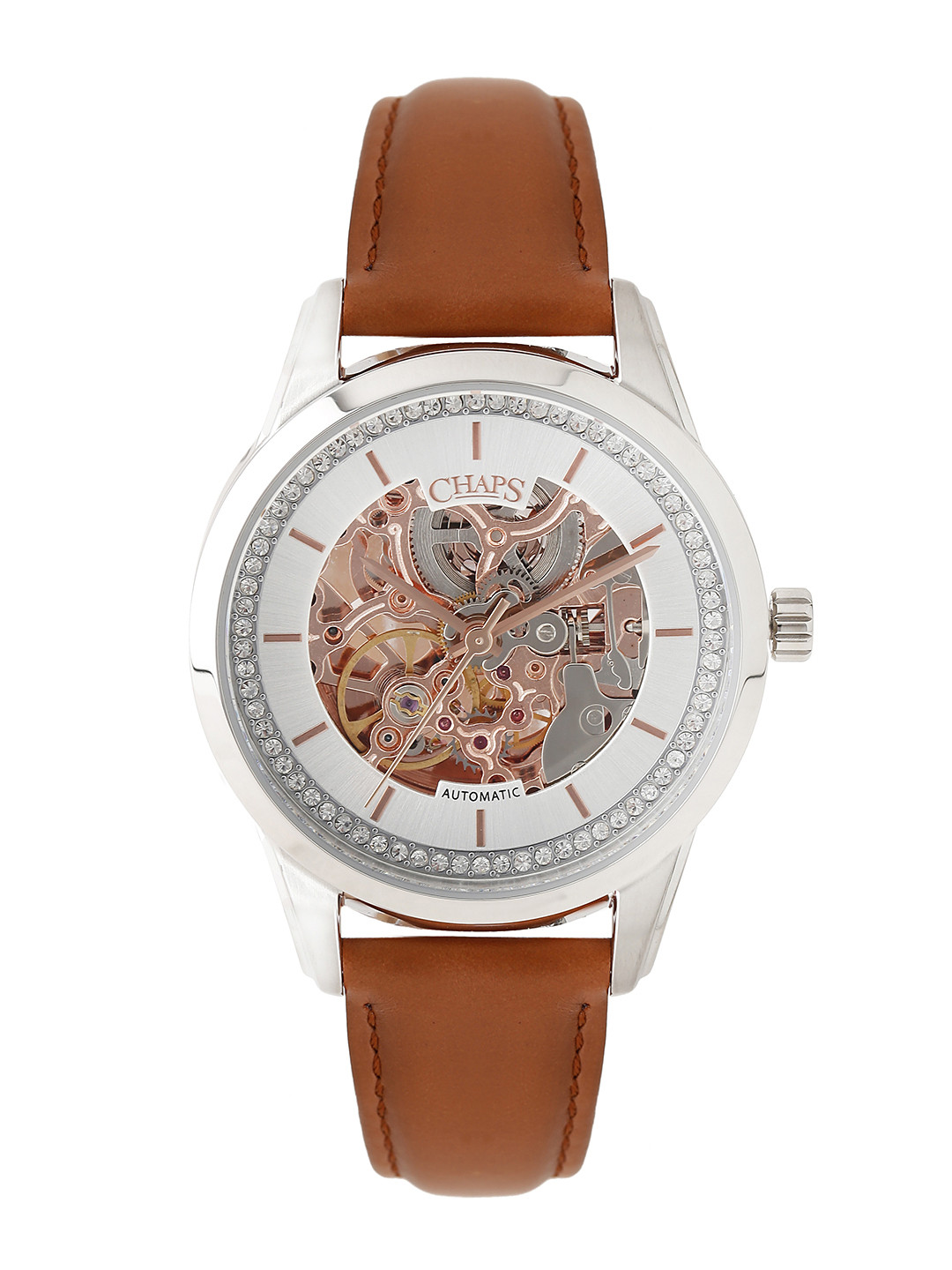 Buy CHAPS KASIA Women Silver Toned Visible Mechanism Stone Studded Dial ...
