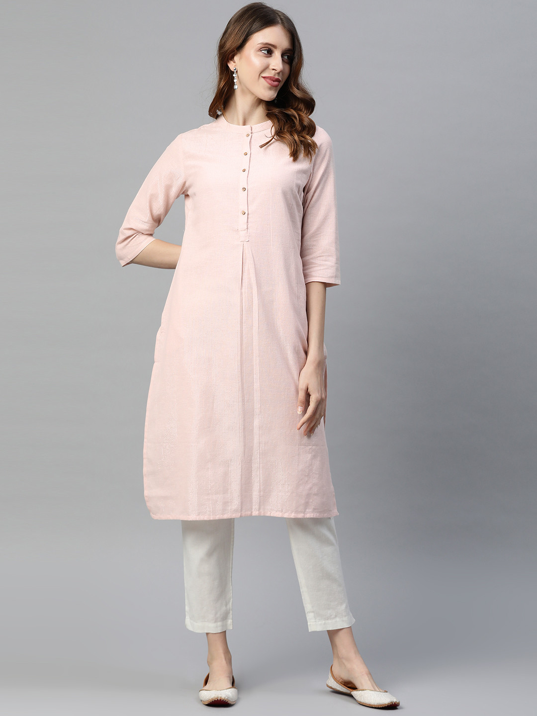 Buy W Women Pink & Silver Striped Pastels Kurta - Kurtas for Women ...