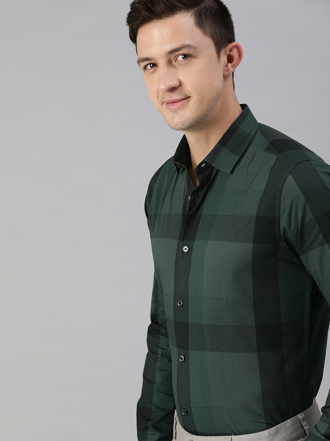 Buy THE BEAR HOUSE Men Green Slim Fit Checked Pure Cotton Formal Shirt ...