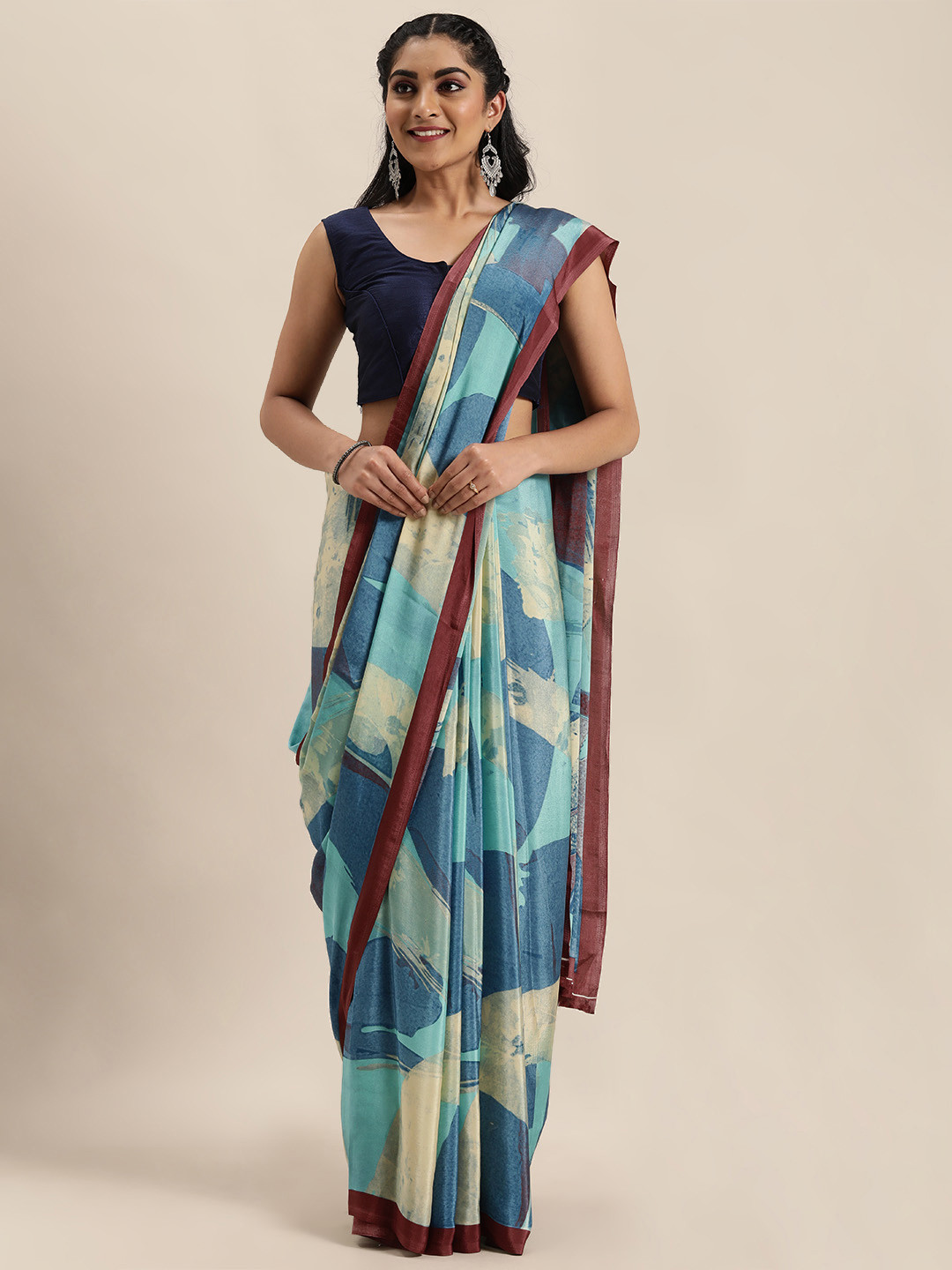 Buy Mitera Blue & Cream Coloured Pure Crepe Printed Saree - Sarees for ...