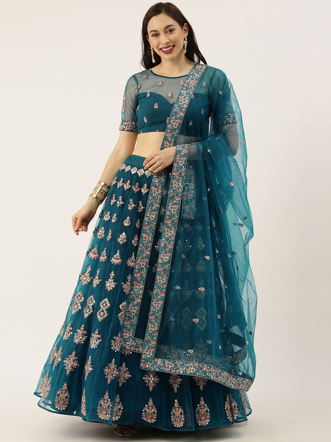 Buy Panchhi Teal Blue Embroidered Semi Stitched Lehenga & Blouse With ...