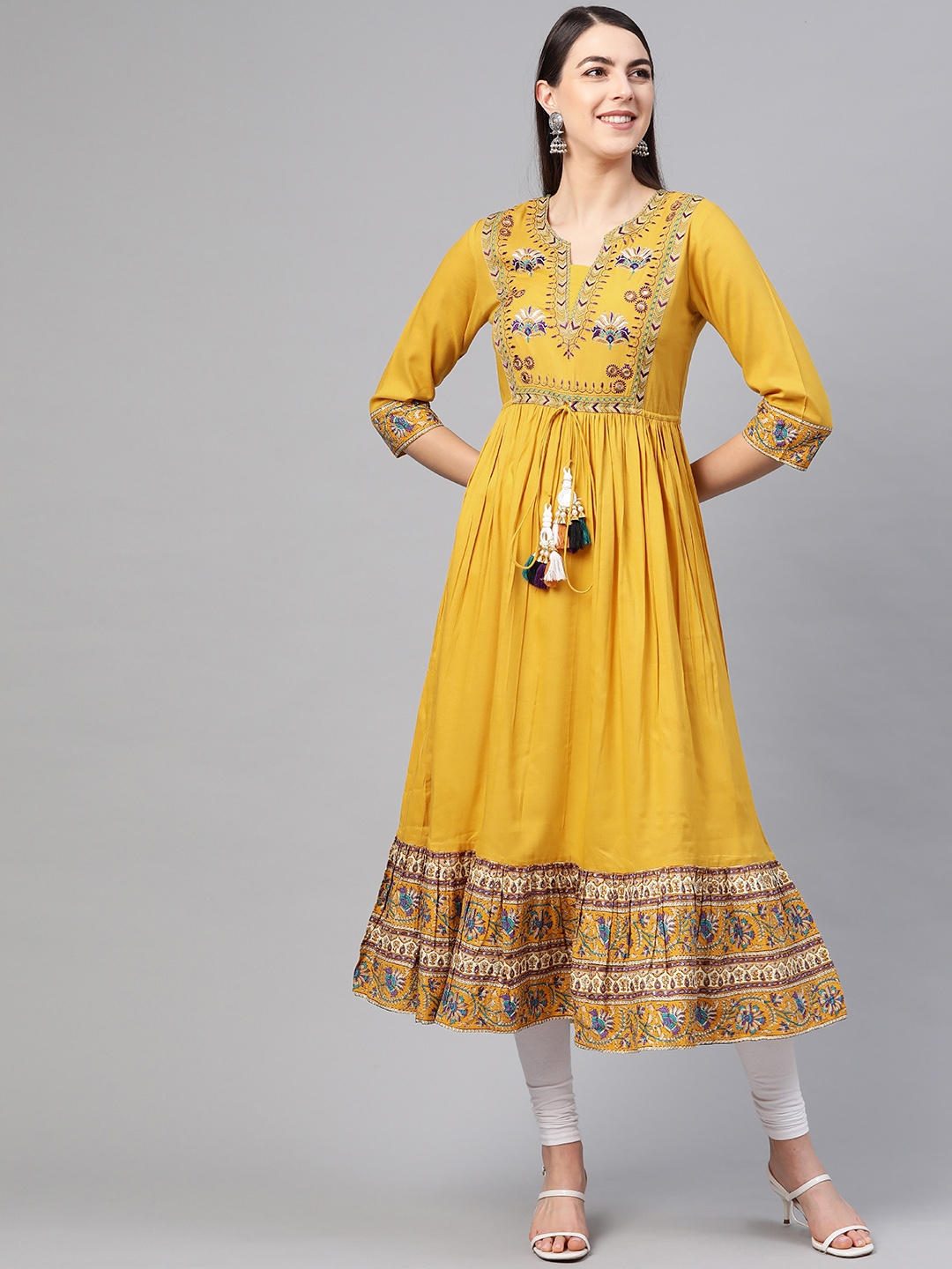 Buy Rain And Rainbow Women Mustard Yellow Printed Anarkali Kurta Kurtas
