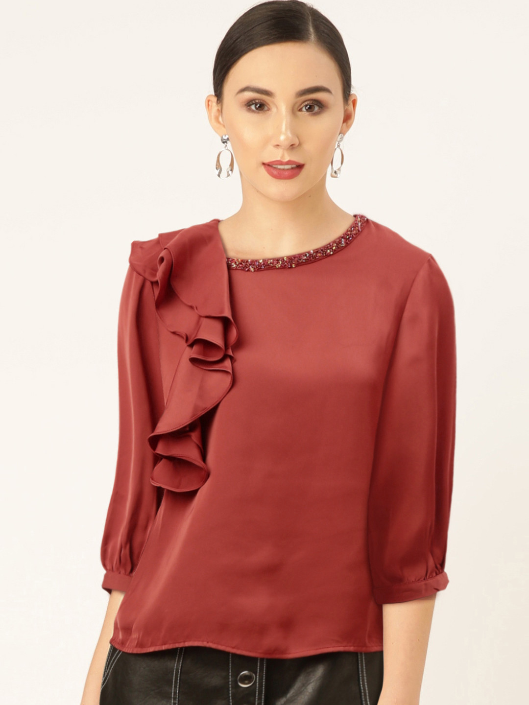 Buy Madame Women Rust Red Ruffled Detail Top With Satin Finish - Tops ...