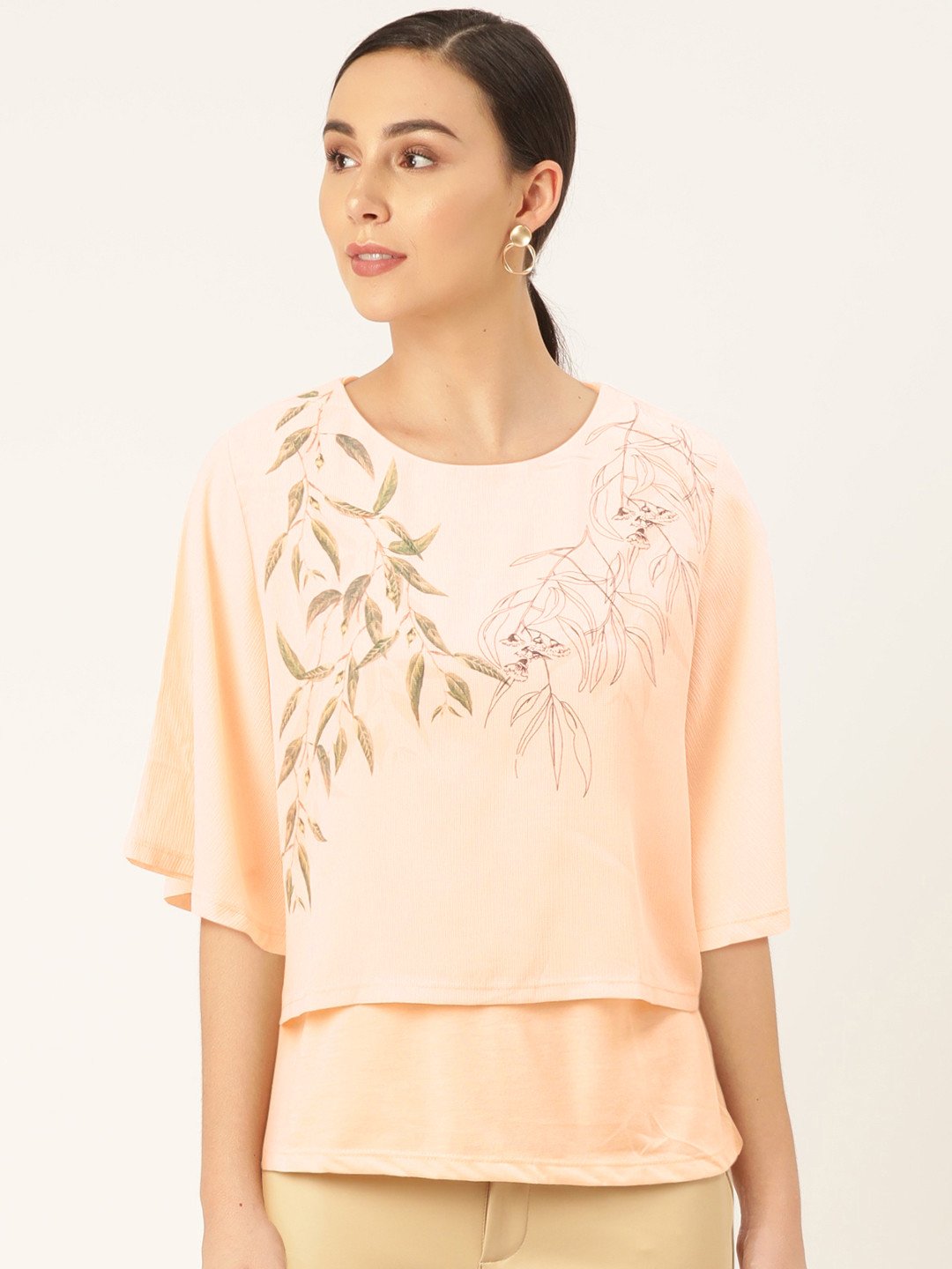 Buy Madame Women Peach Coloured & Green Leaves Print Layered Top - Tops ...