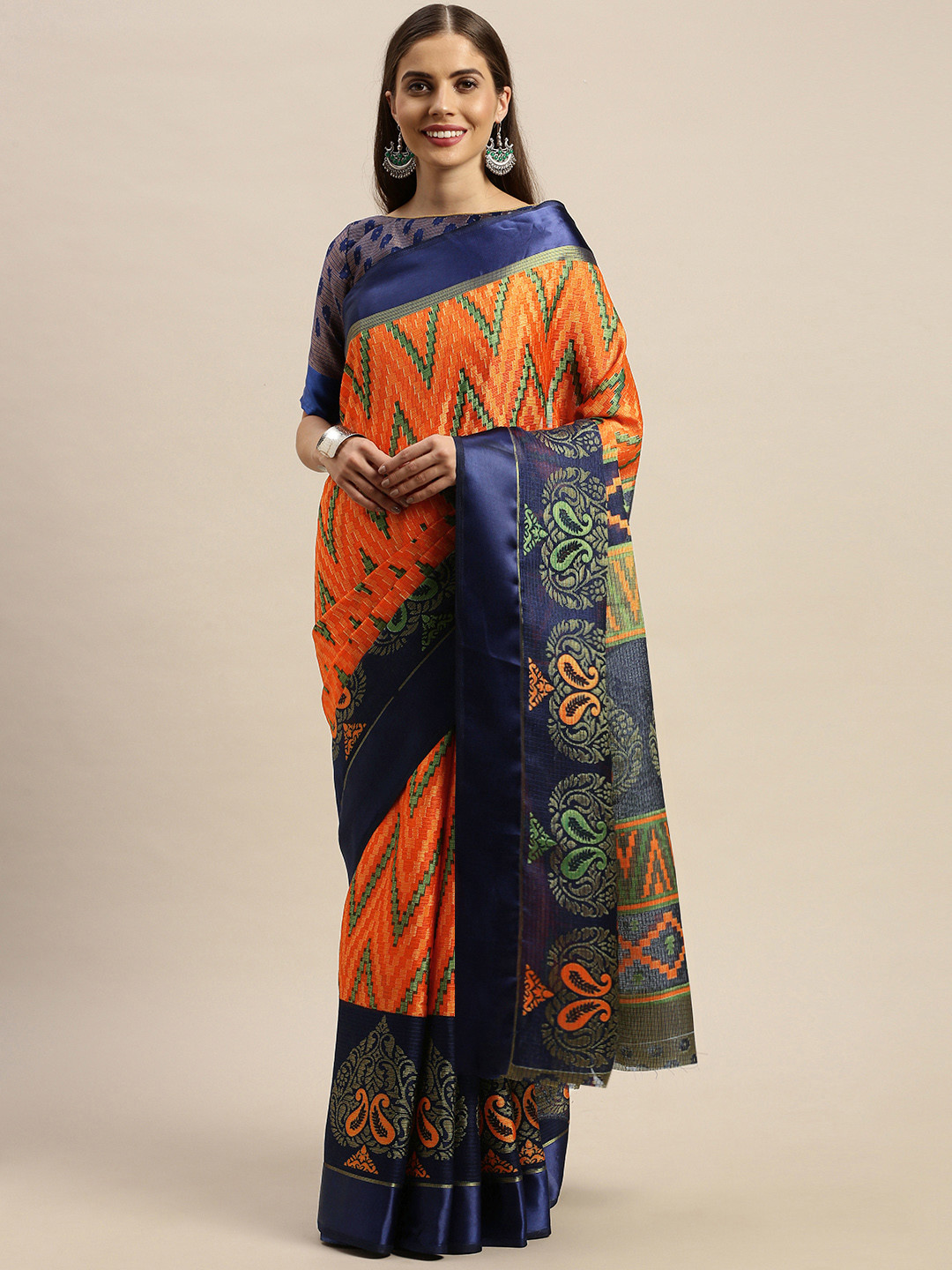 Buy Rajnandini Orange & Navy Blue Silk Cotton Printed Kota Saree ...