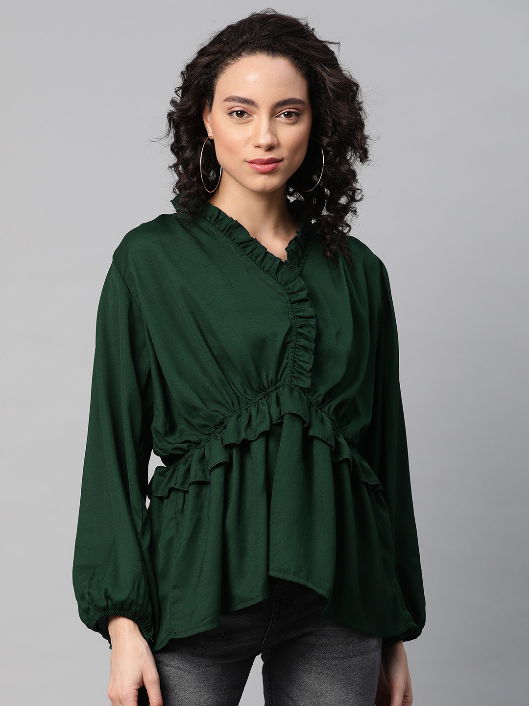 Buy PlusS Green Puff Sleeves Ruffled A Line Top - Tops for Women ...